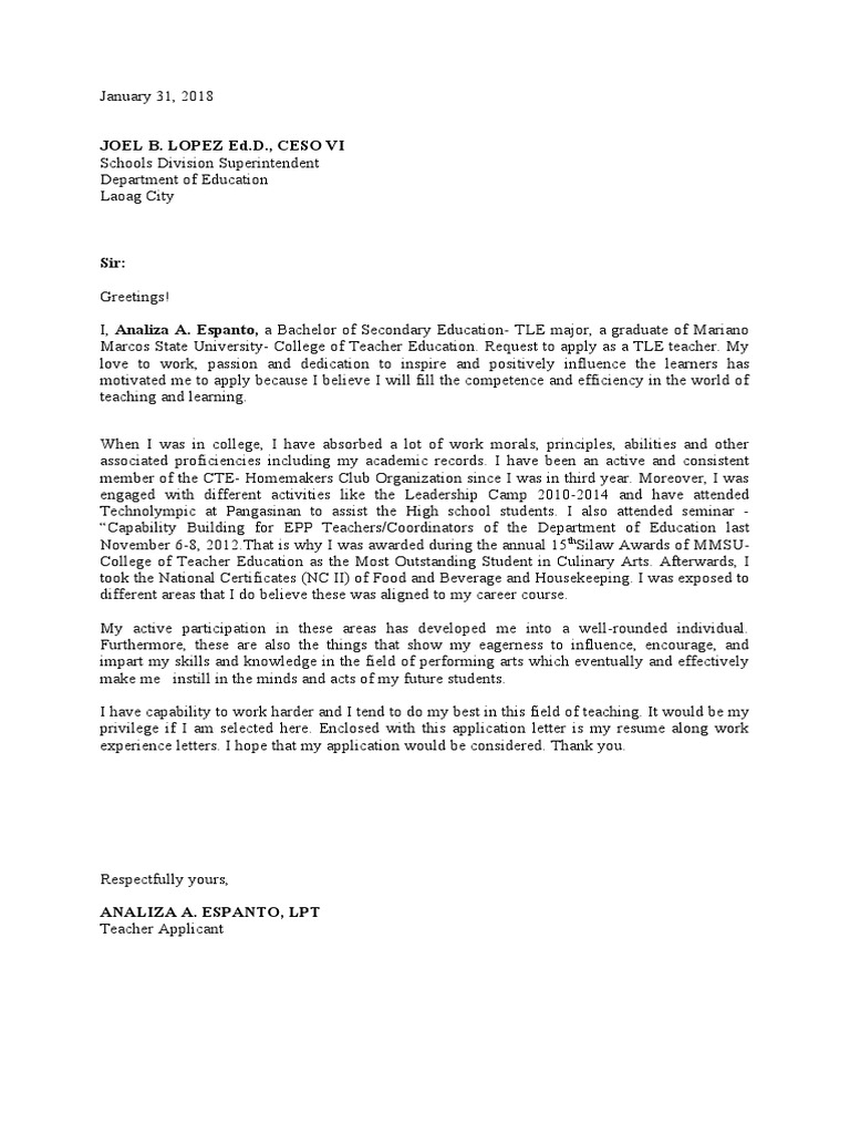 Ann - Application Letter | PDF | Teacher Education | Teachers