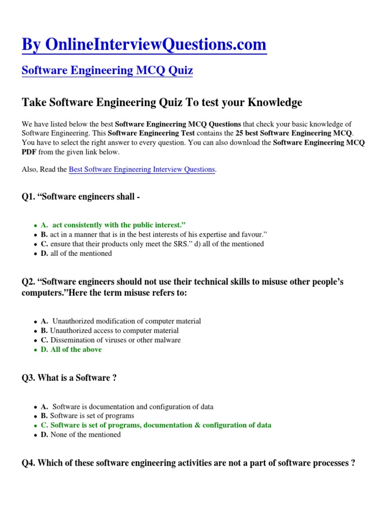 Software Engineering MCQ | PDF | Software Development Process | Systems Science