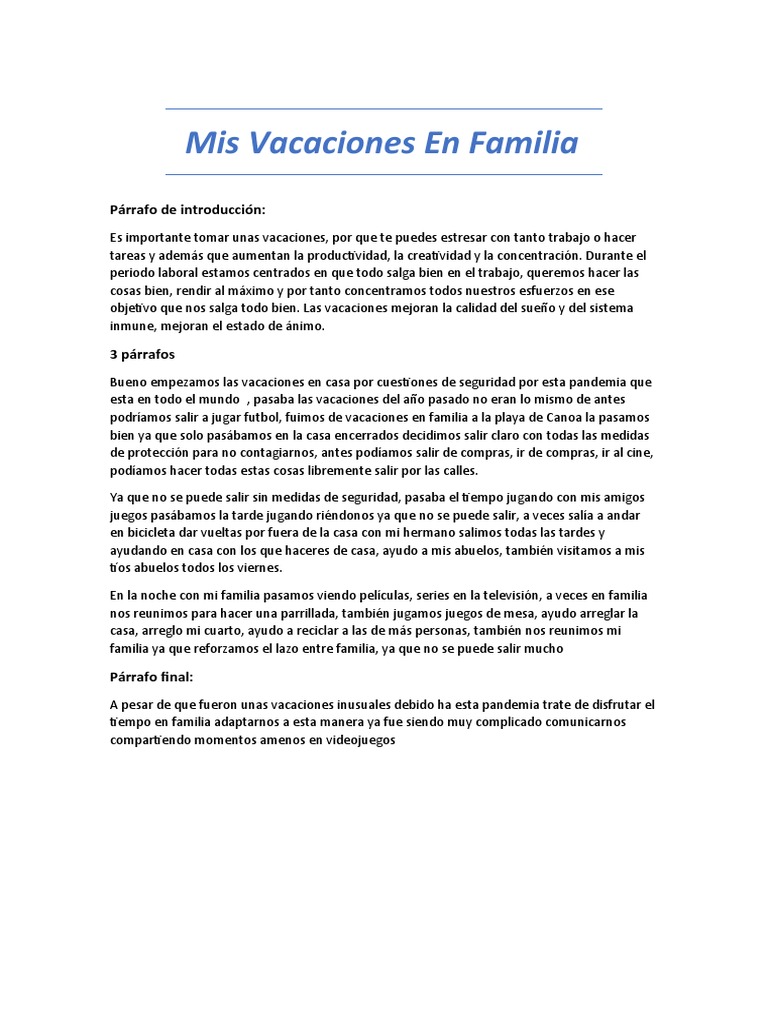 Mis Vacaciones en Casa en Familia | PDF