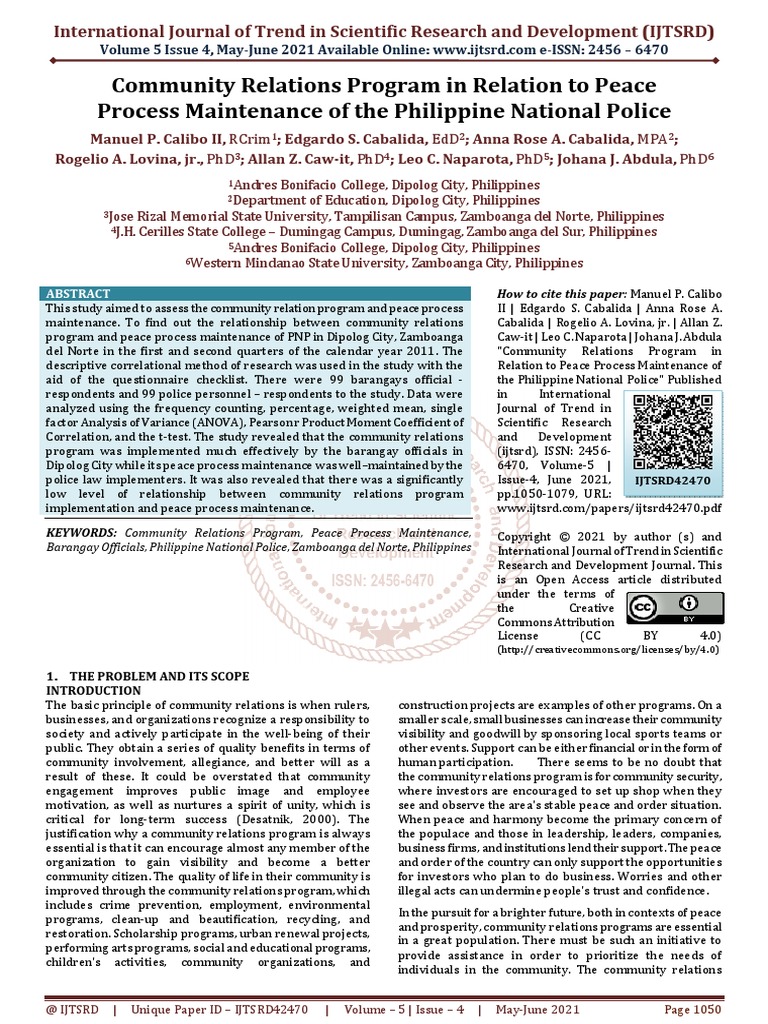 Community Relations Program in Relation To Peace Process Maintenance of ...
