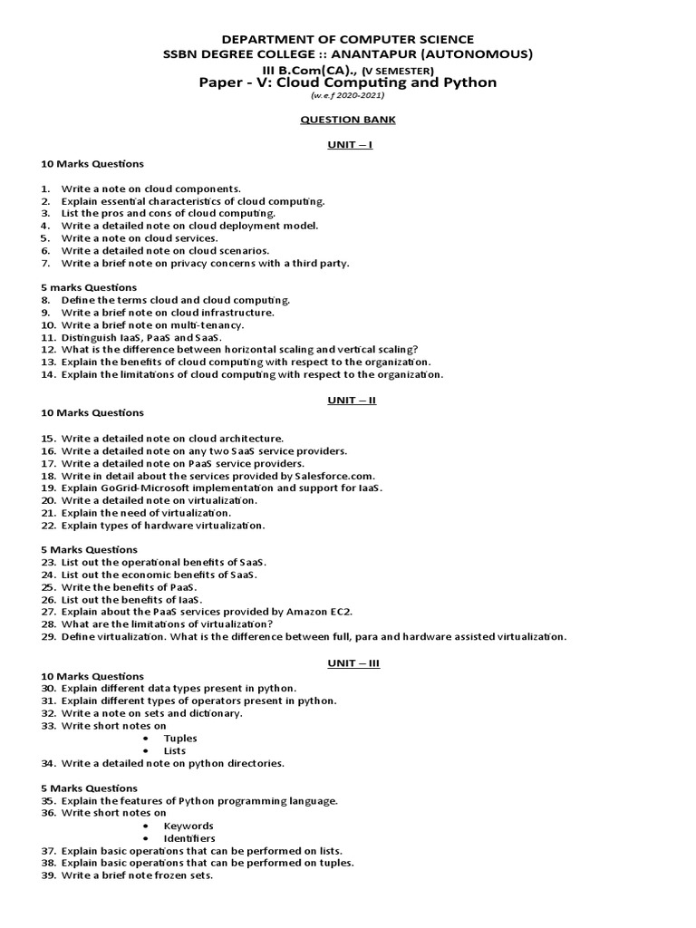 Paper - V: Cloud Computing and Python: Department of Computer Science SSBN Degree College ...