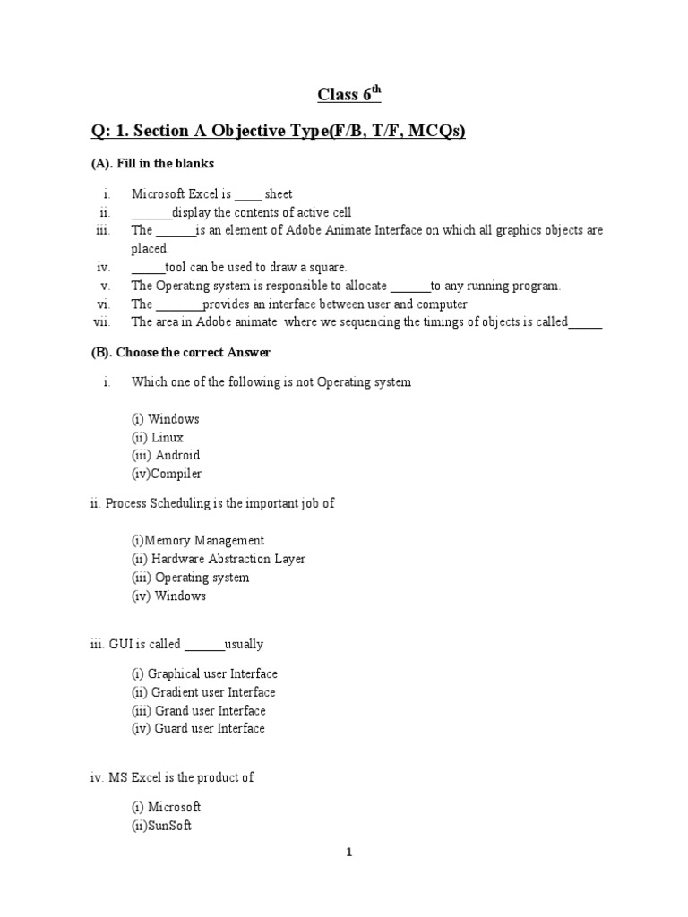 Class 6 Q: 1. Section A Objective Type (F/B, T/F, MCQS) : (A) - Fill in ...