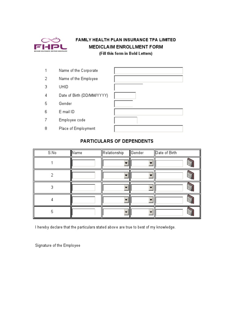 Mediclaim Enrollment Form: Family Health Plan Insurance Tpa Limited | PDF