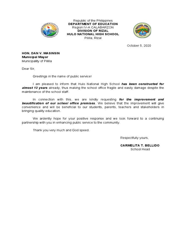 Request Letter For School Beautification | PDF | Behavior Modification ...