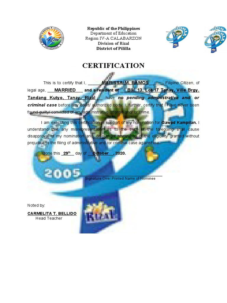 Self Certification of No Pending Case | PDF