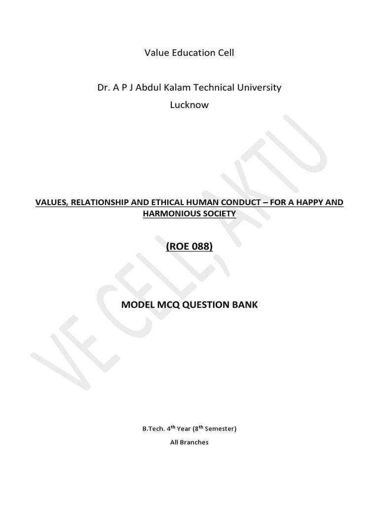 Model MCQ Question Bank on Values, Relationships, Ethical Conduct and ...