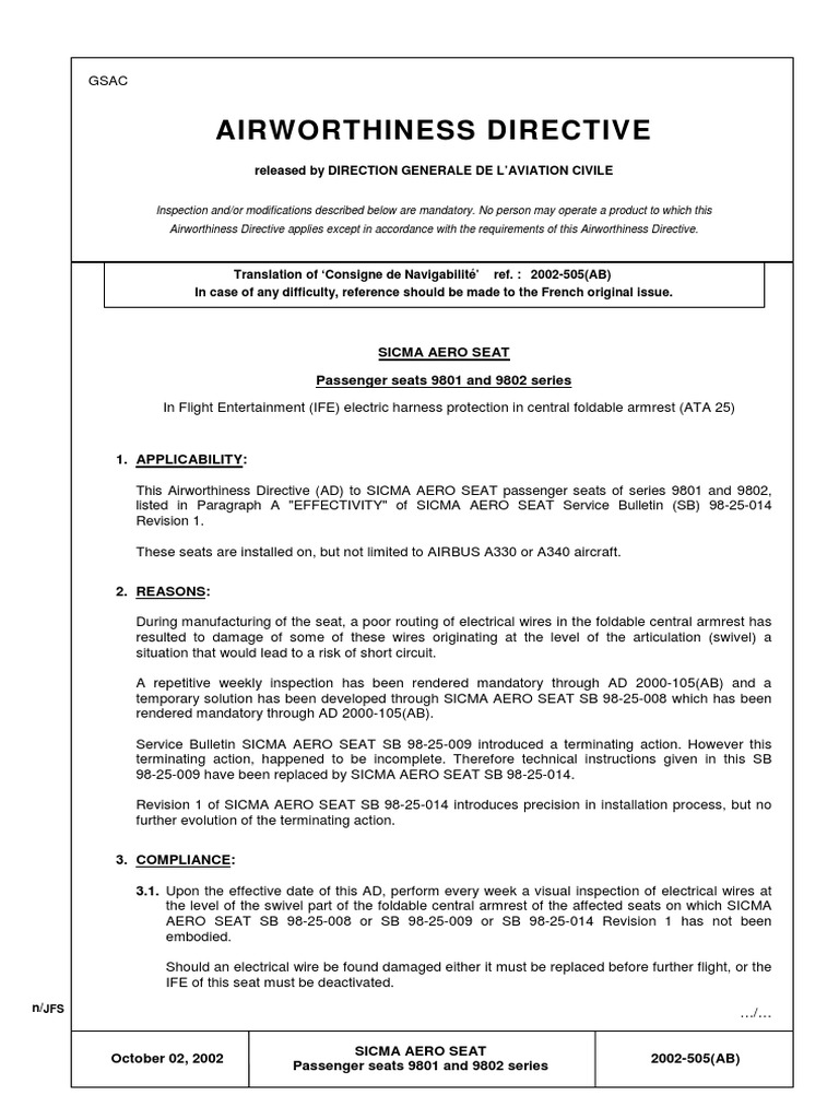 Airworthiness Directive: Released by Direction Generale de L'Aviation ...