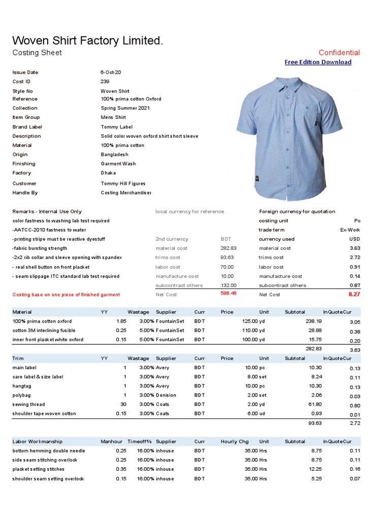 Woven Shirt Factory Limited.: Costing Sheet | PDF | Seam (Sewing) | Shirt