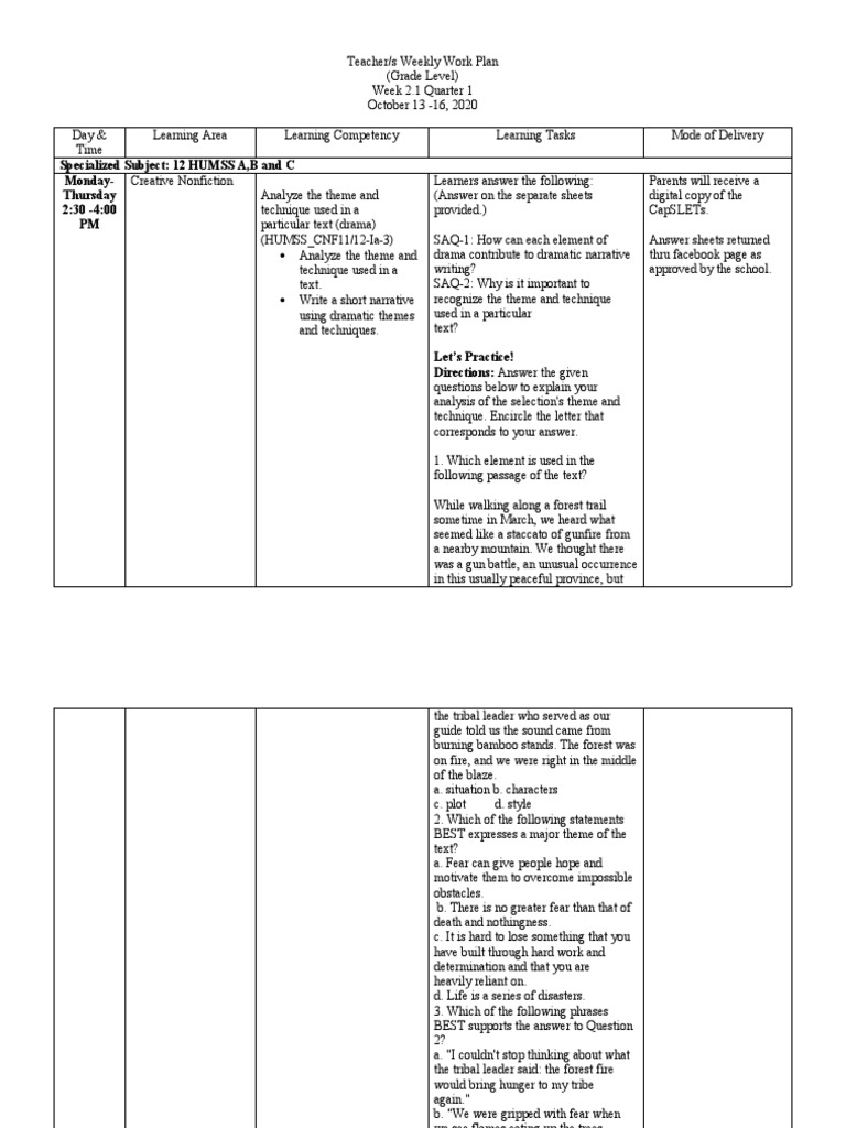 Teachers Weekly Work Plan 2.1 Oct. 13 16 | PDF | Narrative | Cognition