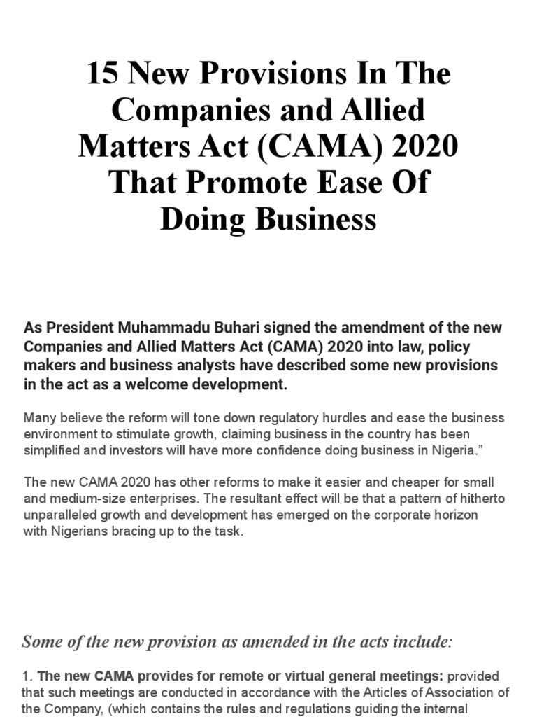 15 New Provisions in The Companies and Allied Matters Act (CAMA) 2020 ...
