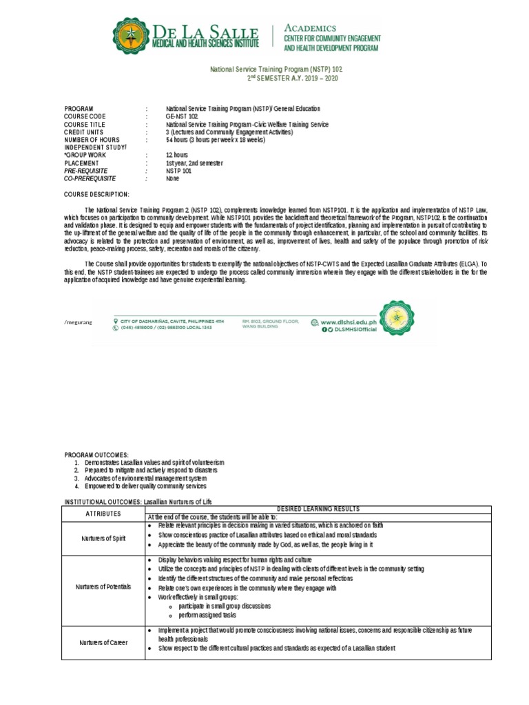 NSTP 102 CWTS Syllabus 19-20 | PDF | Science | Further Education