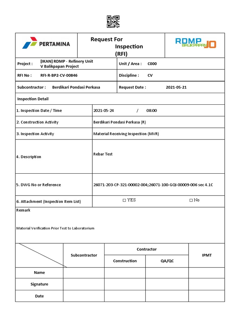 Request For Inspection (RFI) : Material Verification Prior Test To ...