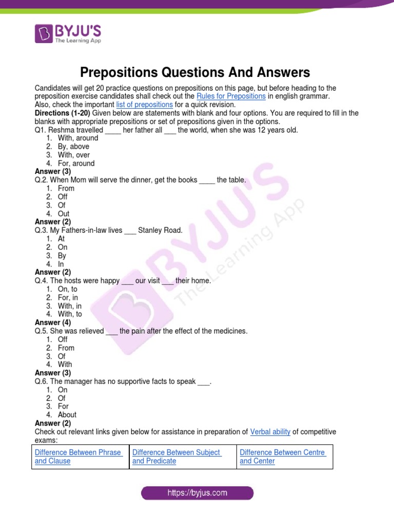 Prepositions Questions Answers | PDF | Preposition And Postposition ...