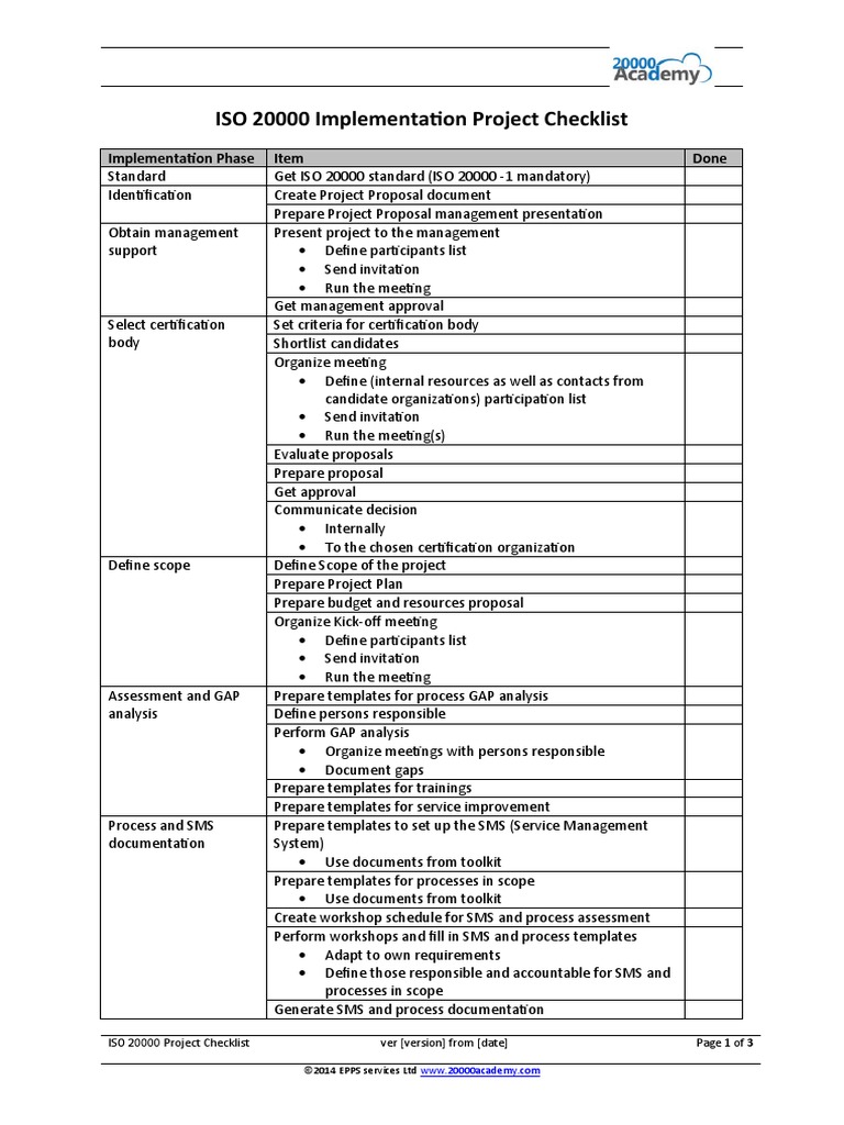 ISO 20000 Implementation Project Checklist | PDF | International ...