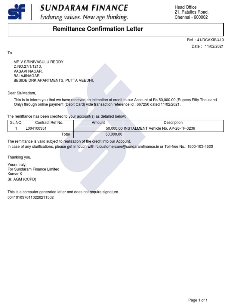 Remittance Confirmation Letter | PDF