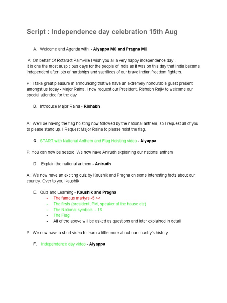 Script - Independence Day Celebration 15th Aug | PDF