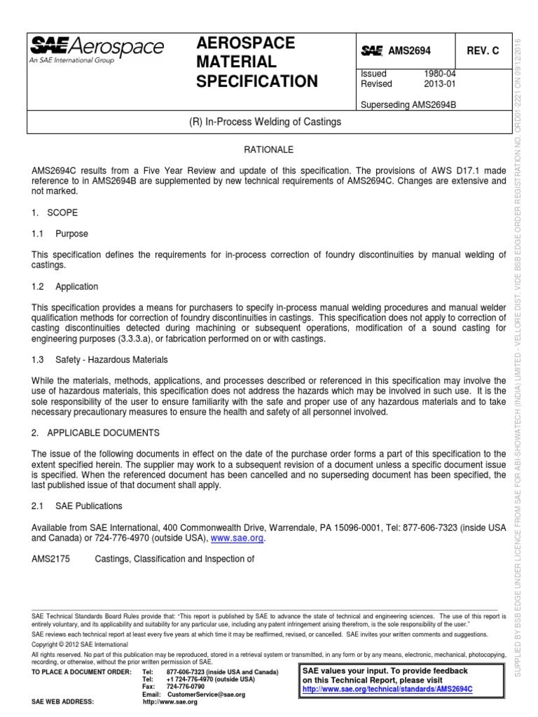 Aerospace Material Specification: (R) In-Process Welding of Castings ...