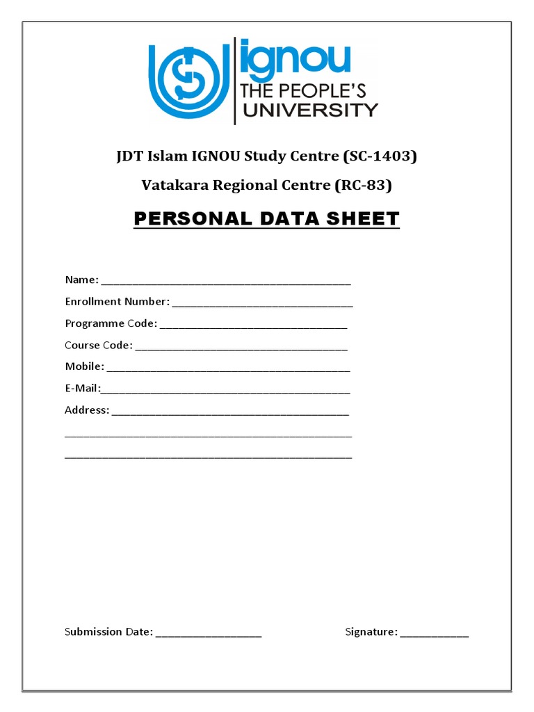 JDT IGNOU Personal Data Sheet | PDF | Career & Growth