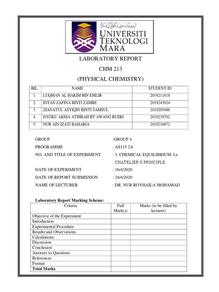Laboratory Report CHM 213 (Physical Chemistry) | PDF | Chemical ...