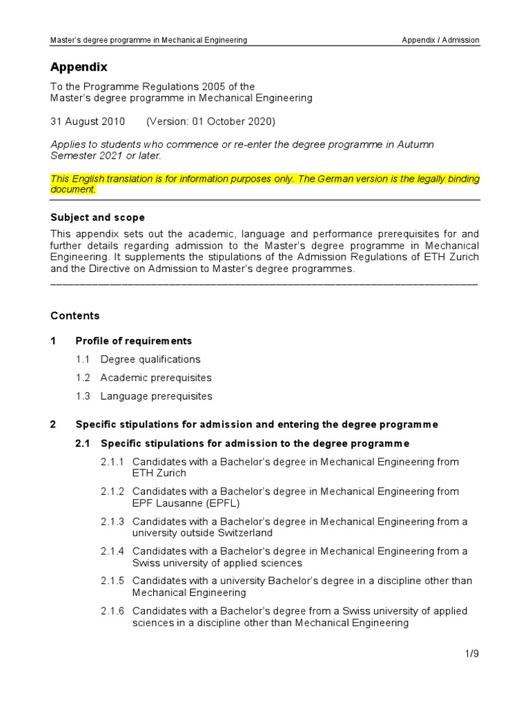 ETH MSC Mechanical Engineering Appendix | PDF | Academic Degree ...