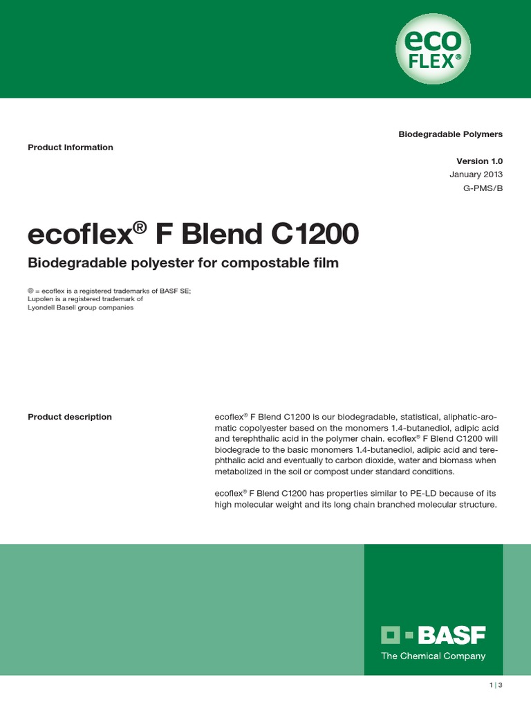 Ecoflex F Blend C1200: Biodegradable Polyester For Compostable Film | PDF | Biodegradation ...