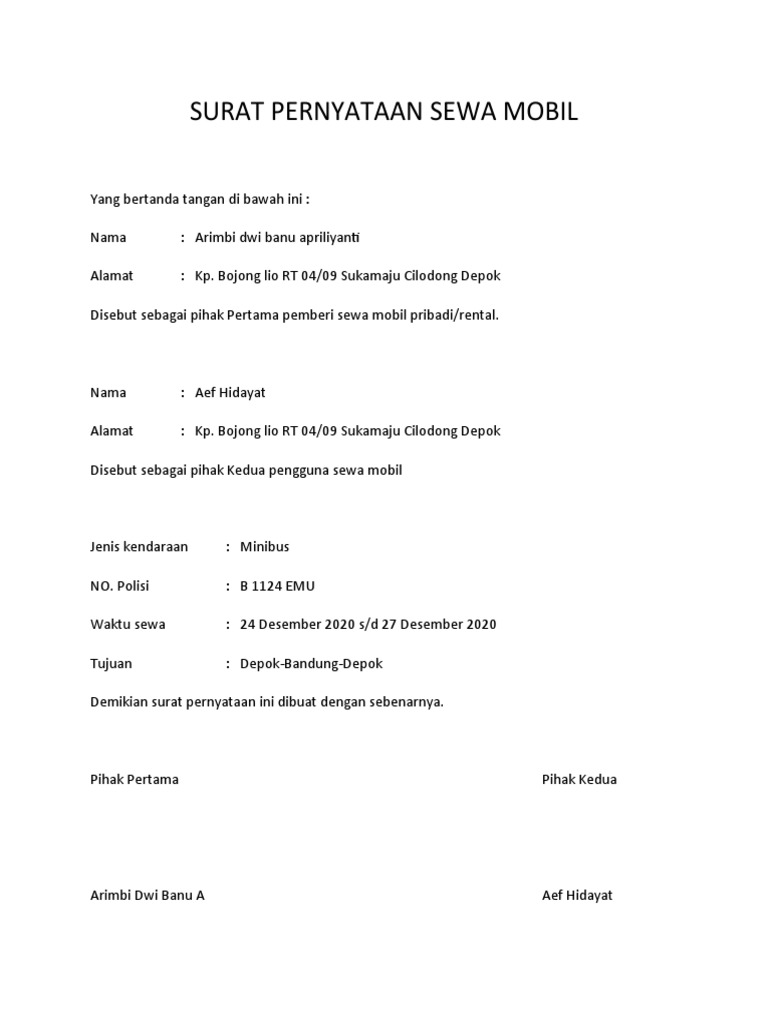 Surat Pernyataan Sewa Mobil | PDF