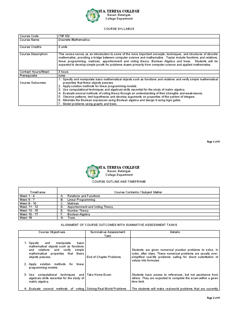Discrete Mathematics Course Syllabus | PDF | Function (Mathematics ...