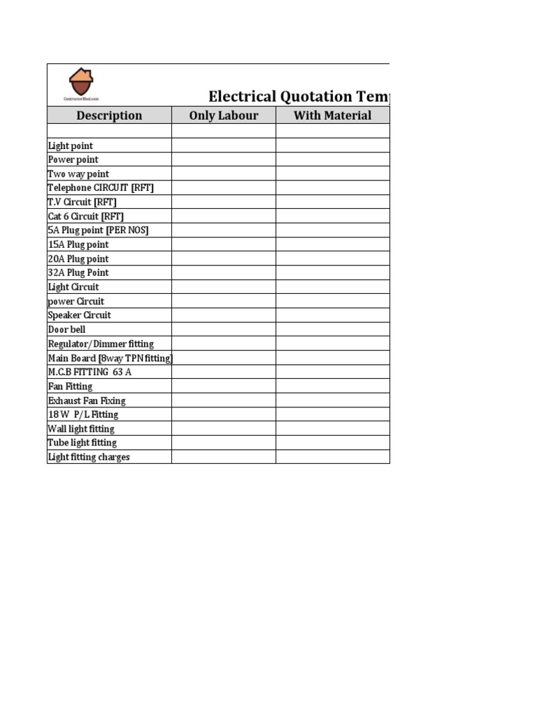 Electrical Quotation Template: Description Only Labour With Material | PDF