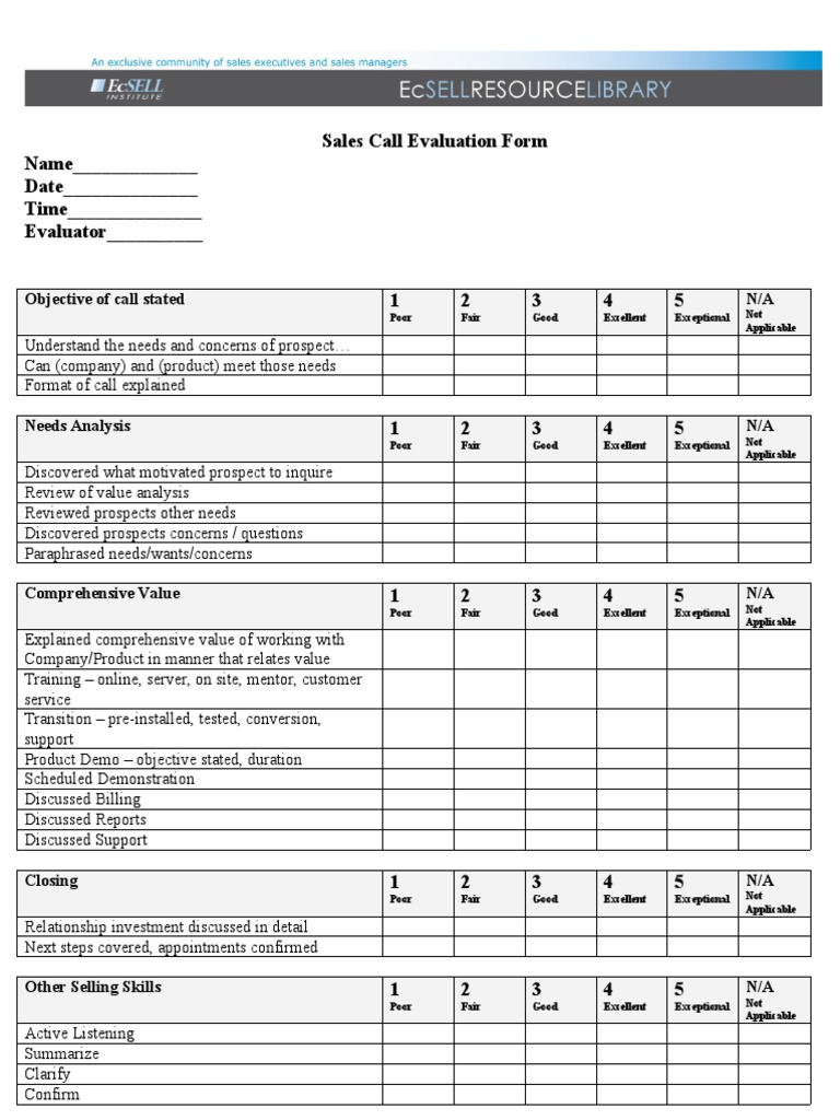 Best Practice Sales Call Evaluation Form | Download Free PDF ...