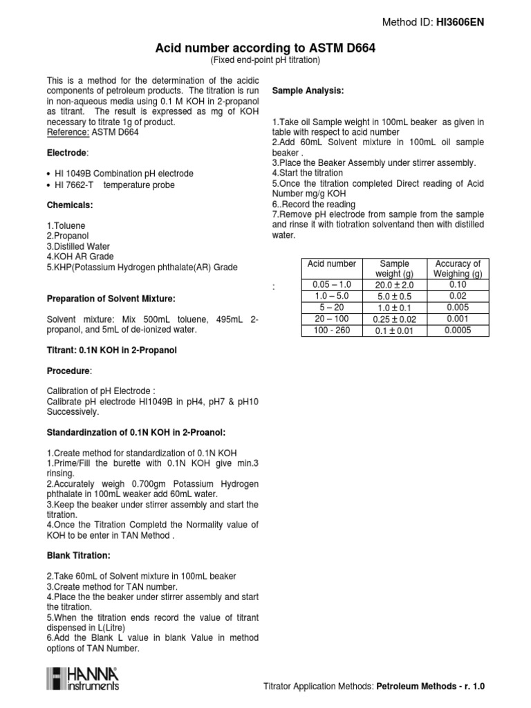 Acid Number According To ASTM D664: Sample Analysis | PDF | Titration ...
