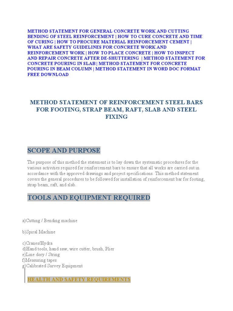 Method Statement for Concrete & Reinforcement | PDF | Concrete | Beam ...