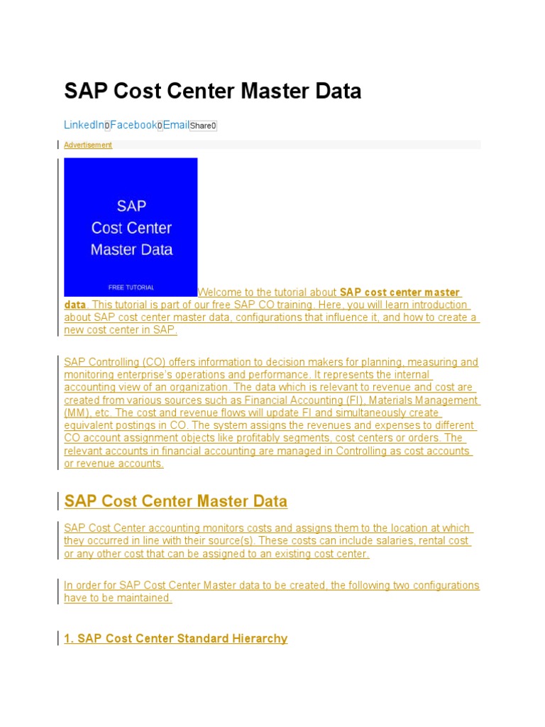 SAP Cost Center Master Data Tutorial | PDF | Revenue | Financial Accounting