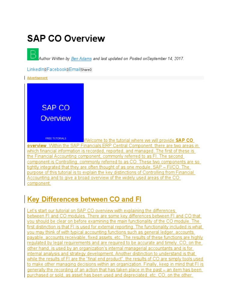 SAP CO Overview: Key Differences Between CO and FI | PDF | Business ...