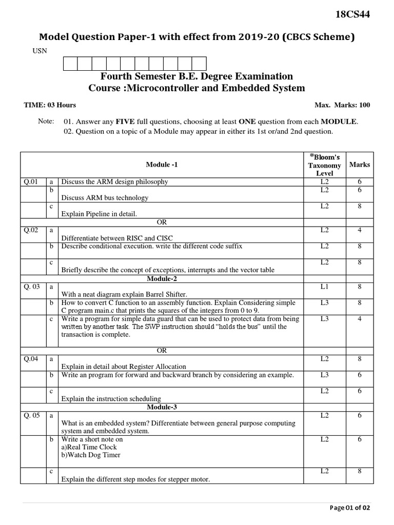 18CS44 Microcontroller Embedded Systems Model Question Paper 3 | PDF | Arm Architecture ...