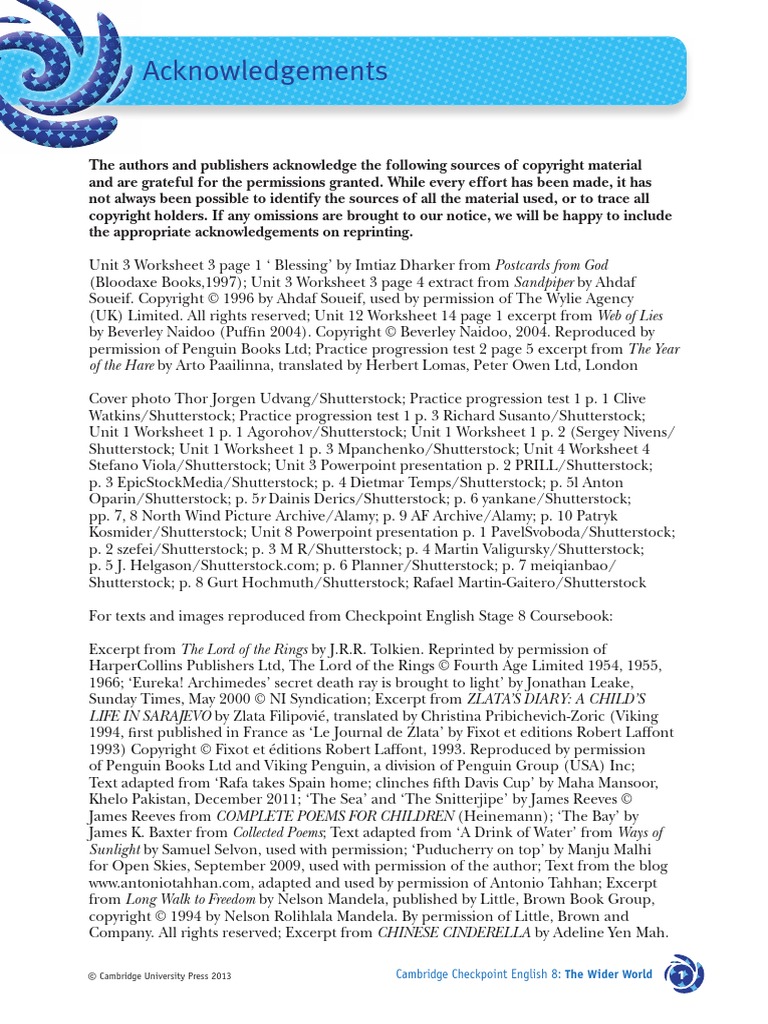 Acknowledgements: Cambridge Checkpoint English 8 | PDF | Getty Images | Books