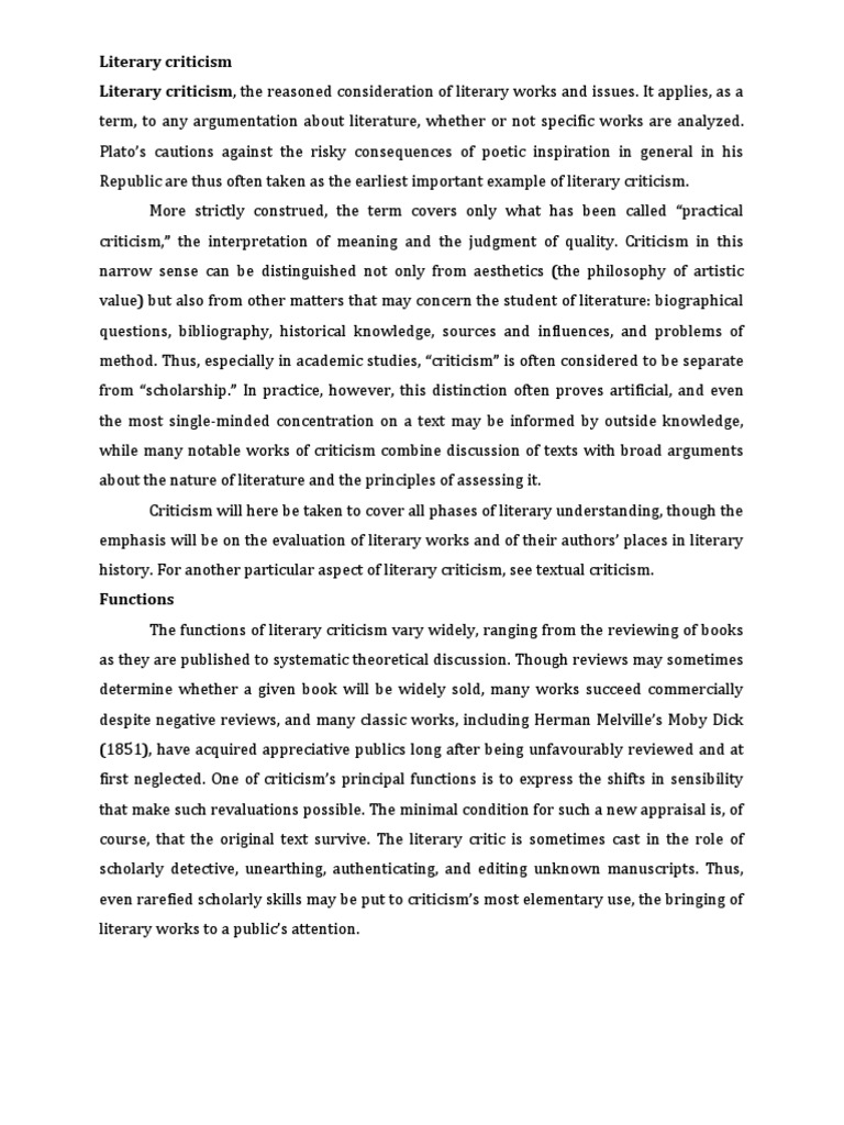 Literary Criticism Literary Criticism, The Reasoned Consideration of ...