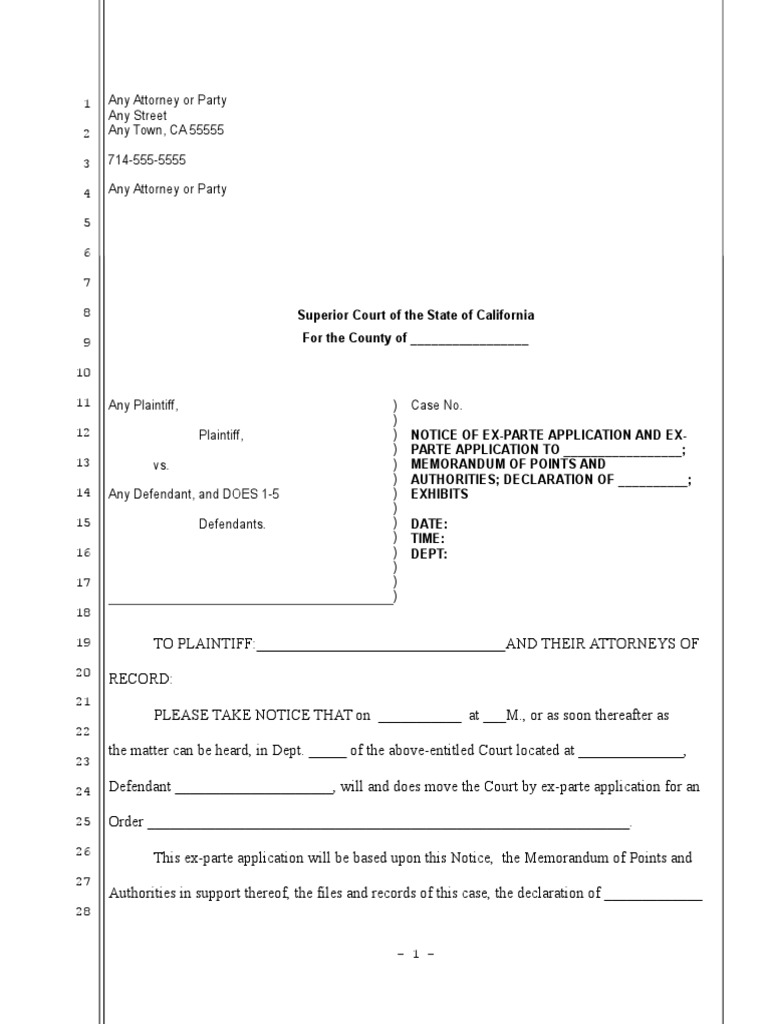 Sample Ex-Parte Motion For California | PDF | Ex Parte | Legal Disputes