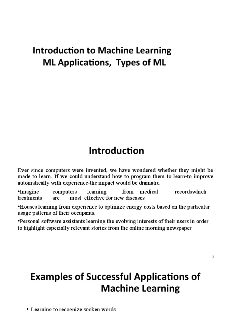 Introduction To Machine Learning ML Applications, Types of ML | PDF ...