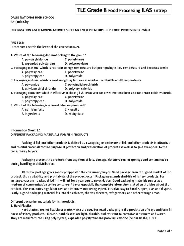 TLE Grade 8 Ilas: Food Processing Entrep | PDF | Polyethylene | Polystyrene