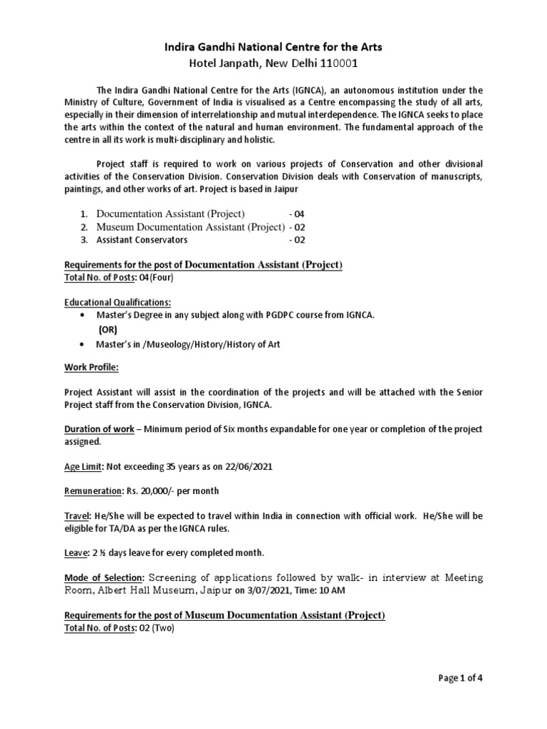 IGNCA Conservation Project Job Openings | PDF | Career & Growth | Business
