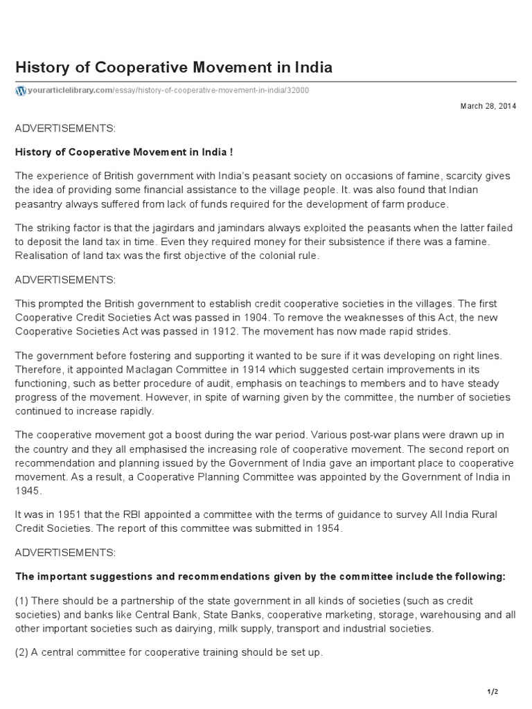 History of Cooperative Movement in India | PDF | Cooperative | Banks