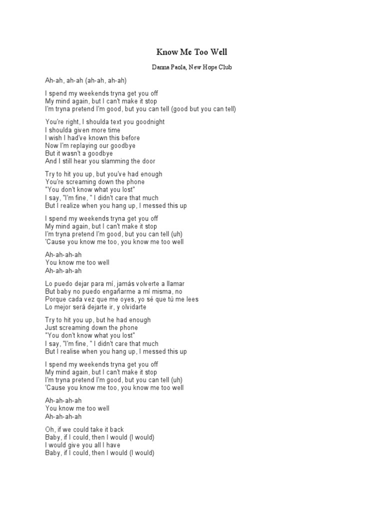 Know Me Too Well: Danna Paola, New Hope Club | PDF