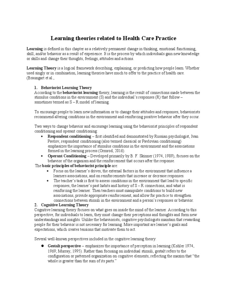 Learning Theories Related To Health Care Practice | PDF | Behaviorism ...