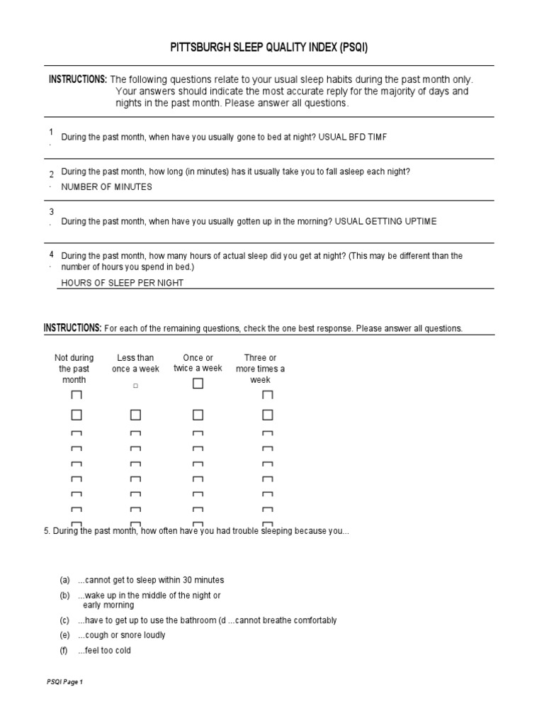 Pittsburgh Sleep Quality Index (Psqi) : Instructions | PDF | Physiology ...
