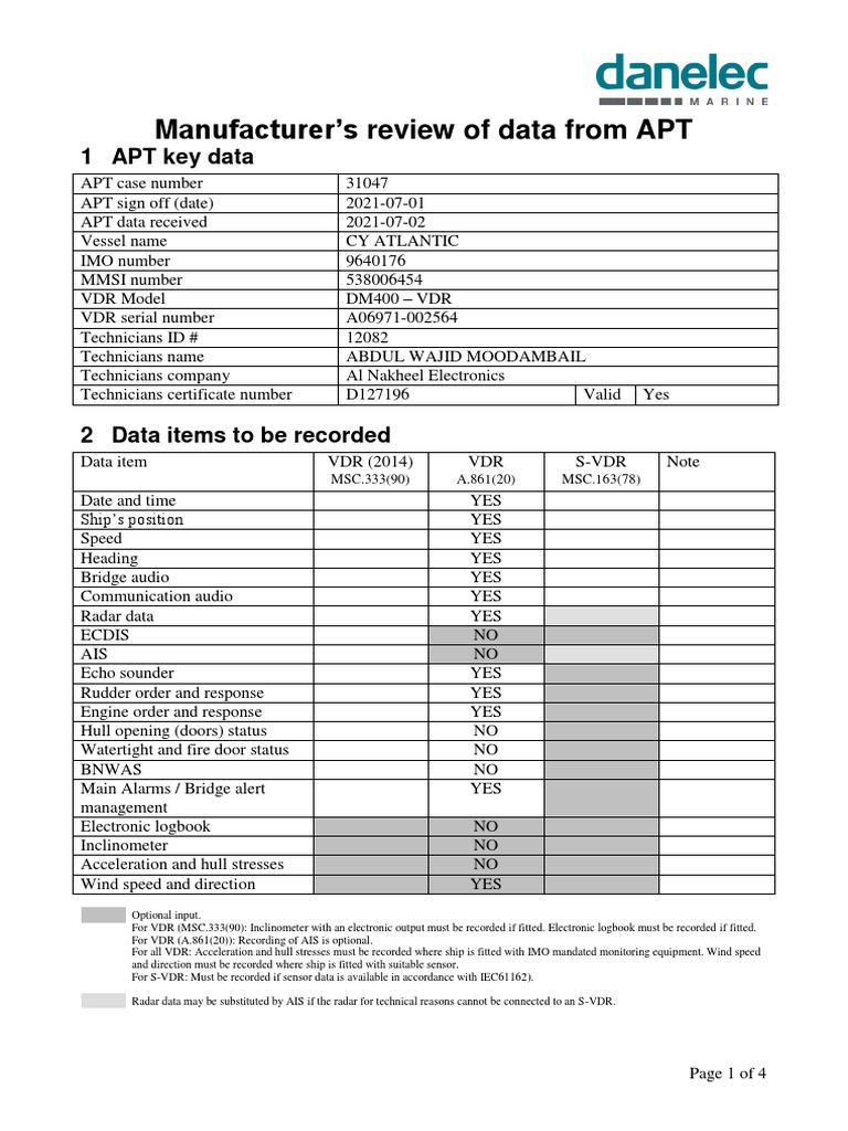 VDR APT Data Review Summary | PDF | Radar | Cable Television