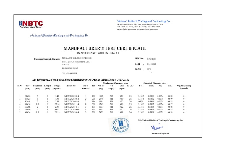 Manufacturer'S Test Certificate: National Builtech Trading and ...