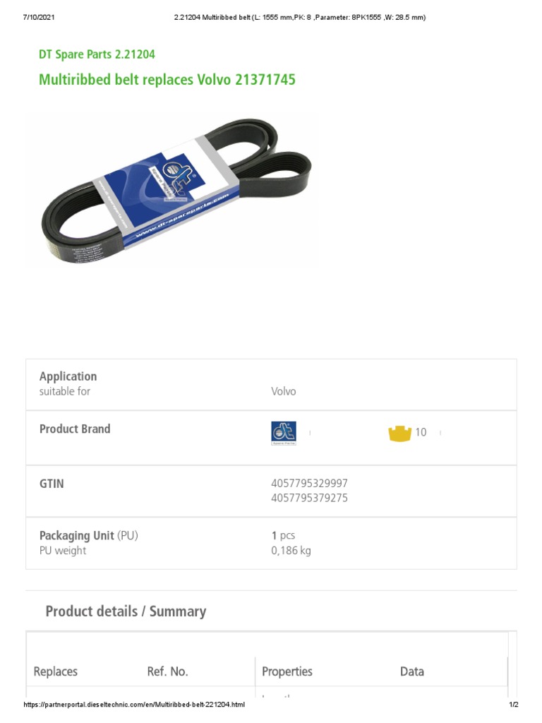 Multiribbed Belt Replaces Volvo 21371745: DT Spare Parts 2.21204 | PDF ...
