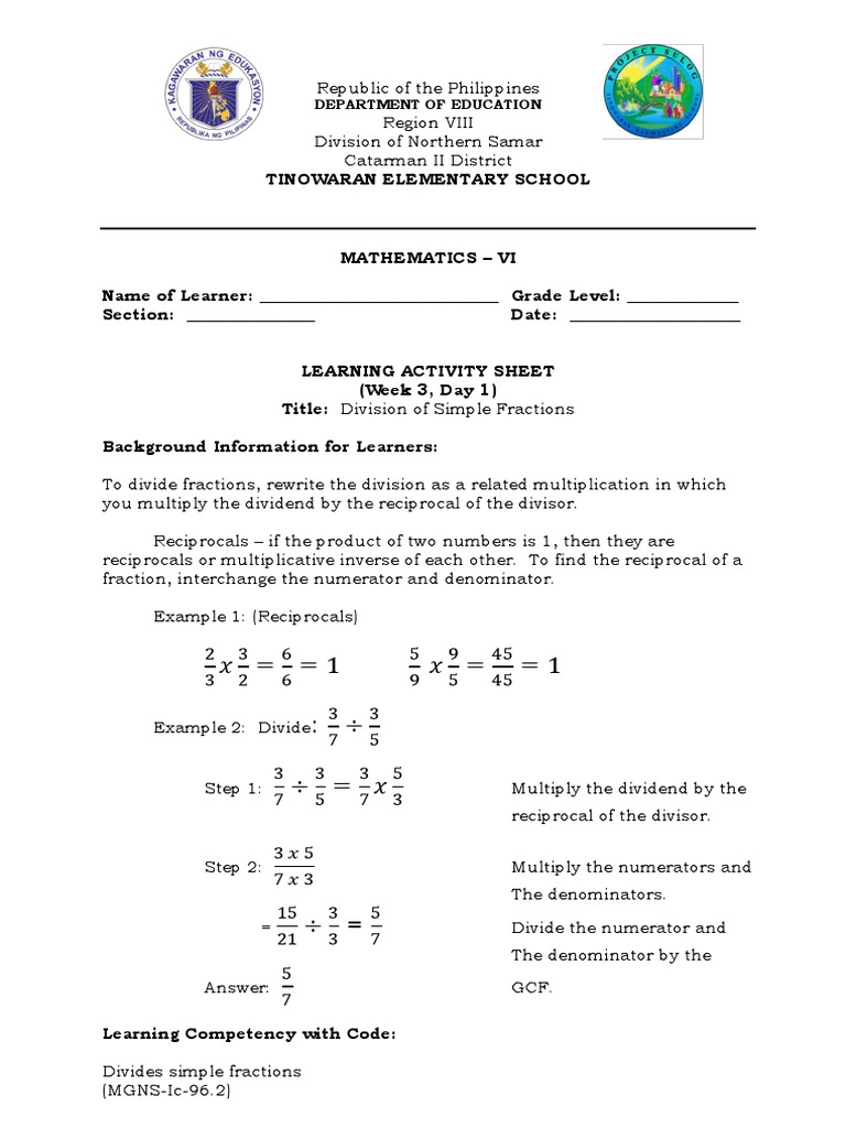 LEARNING ACTIVITY SHEETS-Week 3 Math6 | PDF | Division (Mathematics) | Elementary Mathematics