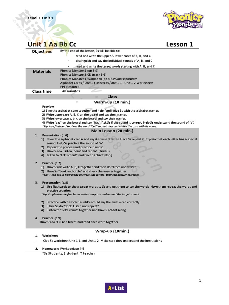 Unit 1 Aa BB CC Lesson 1 | PDF | Phonics | Letter Case