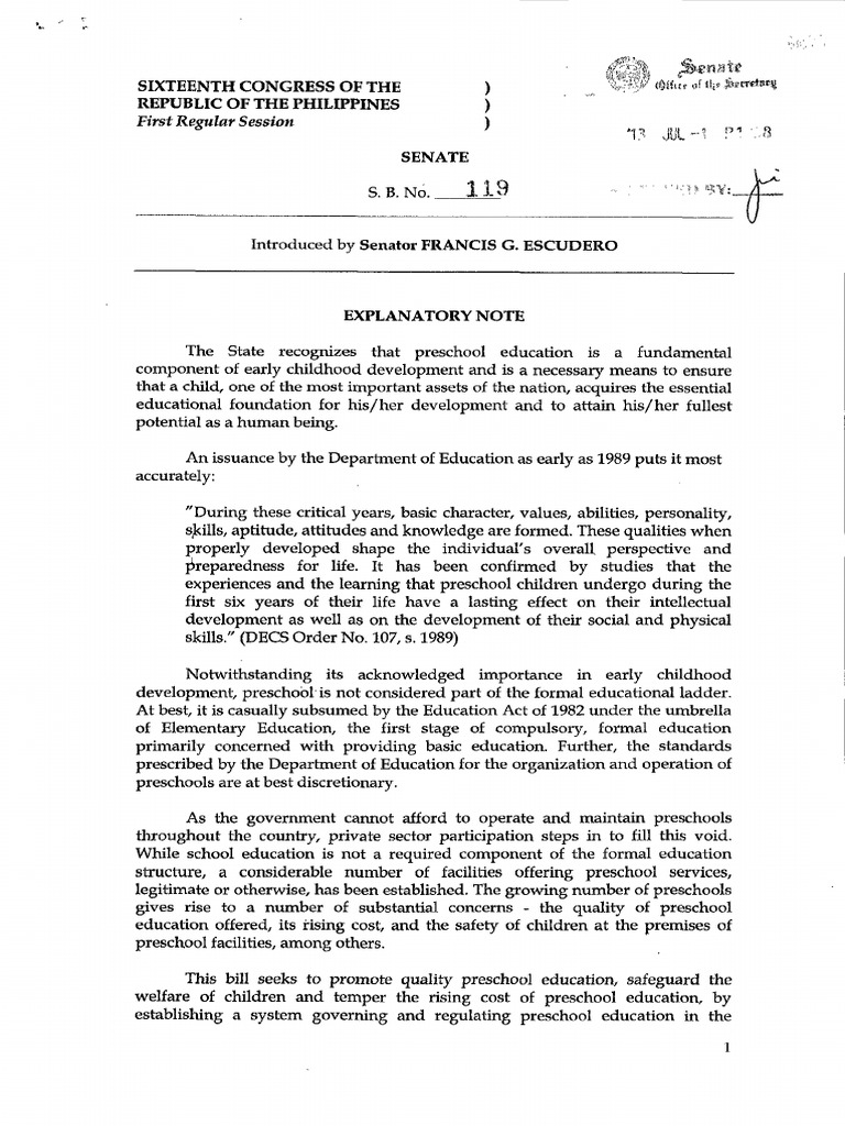 Early Childhood Education Explanatory Note Sen. Francis Escudero | PDF ...